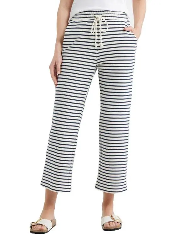 Caslon Cotton Blend French Terry Drawstring Cropped Pants - Ivory- Navy Stripe