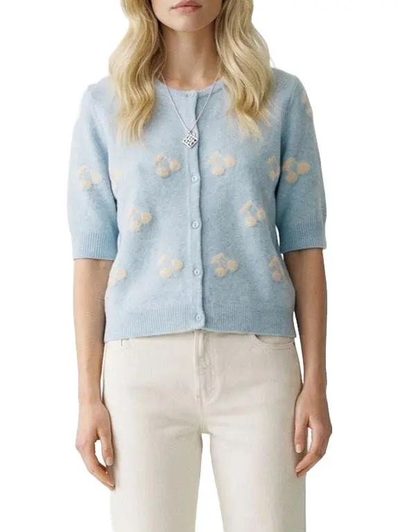 Vero Moda Offy Intarsia Short Sleeve Cardigan - Cashmere Print Blue White Cher