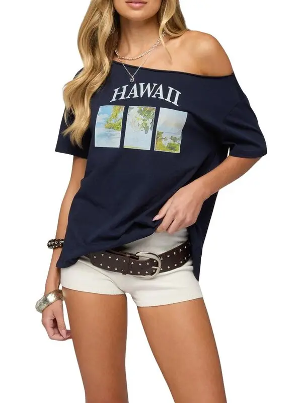 EDIKTED Off-the-shoulder Graphic T-shirt - Navy