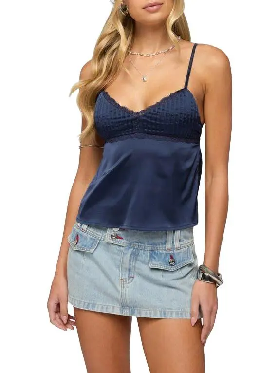 EDIKTED Blanca Lace Trim Satin Camisole - Navy