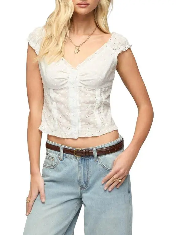 EDIKTED Eyelet Embroidered Button-up Cropped Top - White