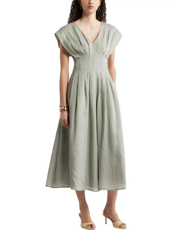 Nordstrom Pleated Waist V-neck Midi Dress - Green Chaparral