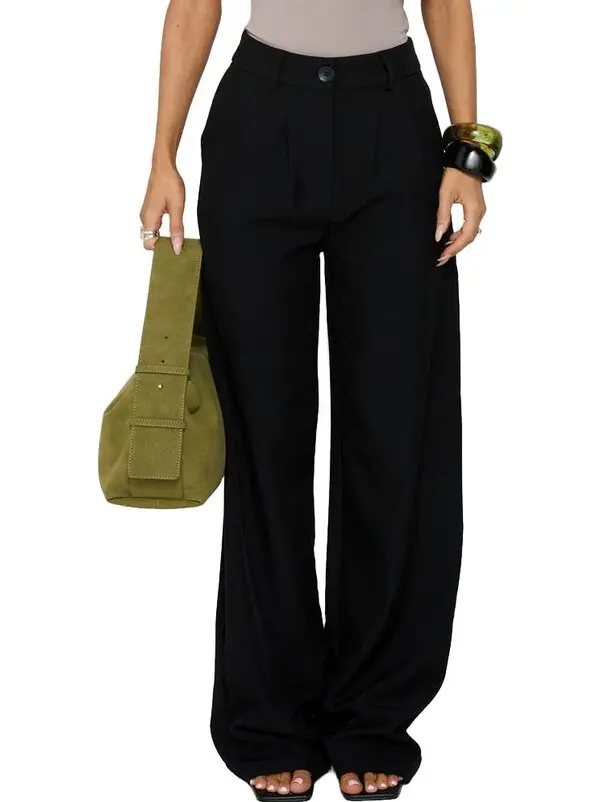 Princess Polly Archer Pleated High Waist Wide Leg Trousers - Black