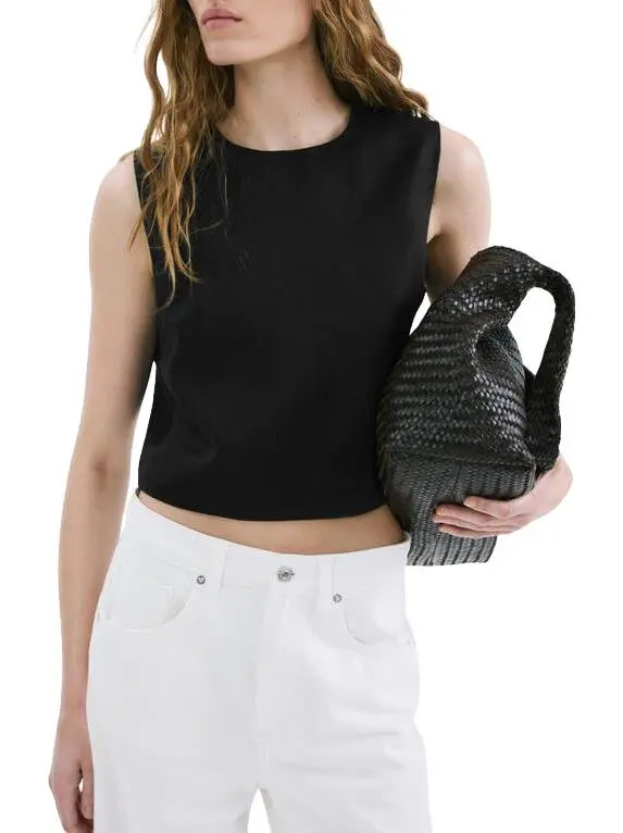 Mango Linen Sleeveless Crop Top With Keyhole Neckline - Black