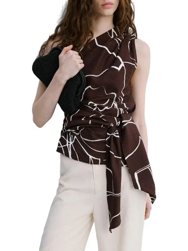 Mango Printed One-shoulder Top With Tie Waist - Brown