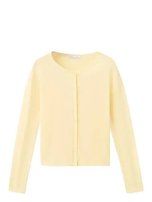 Mango Fine Knit Crewneck Cardigan - Pastel Yellow