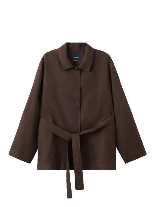 Mango Belted Linen Jacket - Chocolate