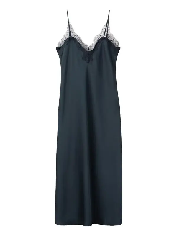 Mango Lace Trimmed Satin Midi Slipdress - Navy