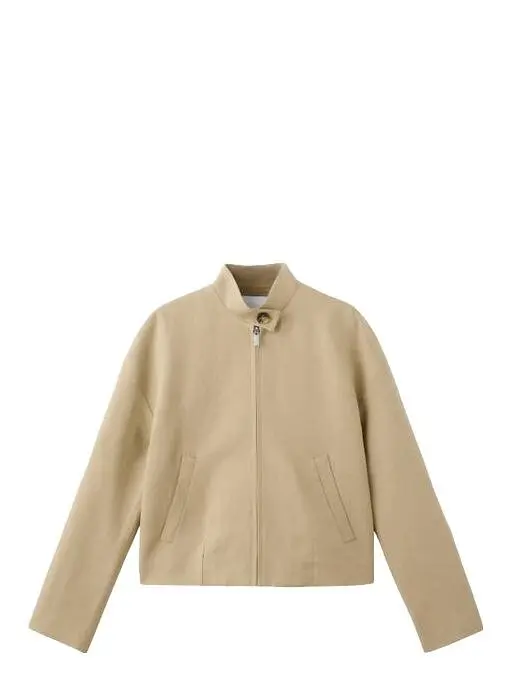 Mango Linen Blend Zip-up Jacket With Band Collar - Beige