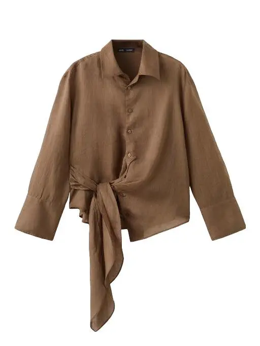 Mango Ramie Tie-front Sleeveless Top - Brown