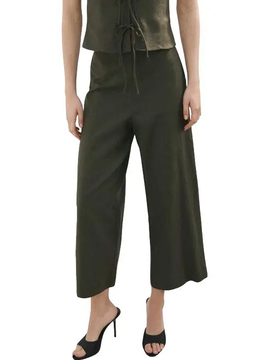 Mango Cotton & Linen Blend Crop Straight Leg Pants - Khaki Green