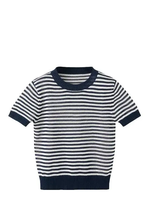 Mango Striped Cropped Fine Knit Sweater - Dark Navy