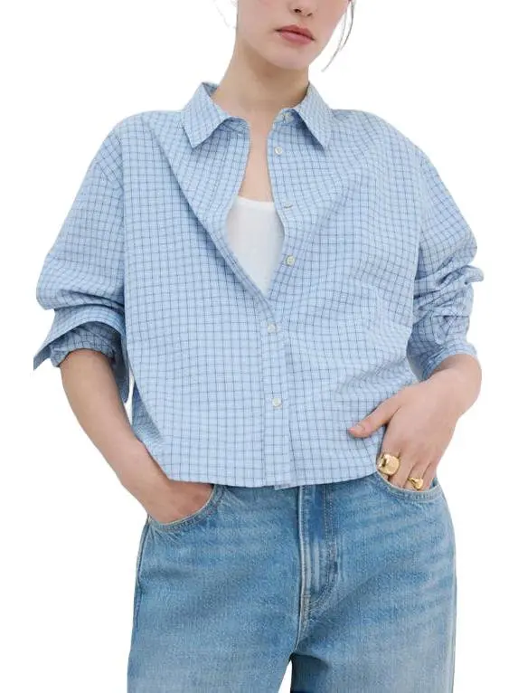 Mango Checked Cotton-blend Shirt - Sky Blue