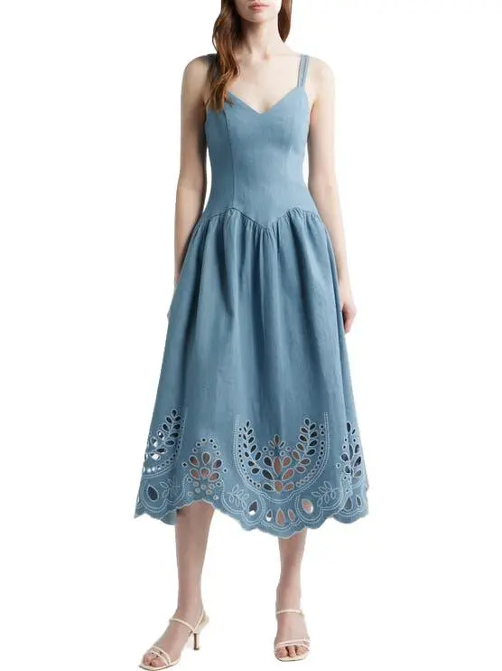 Moon River Eyelet Detail Sleeveless Midi Dress - Light Blue