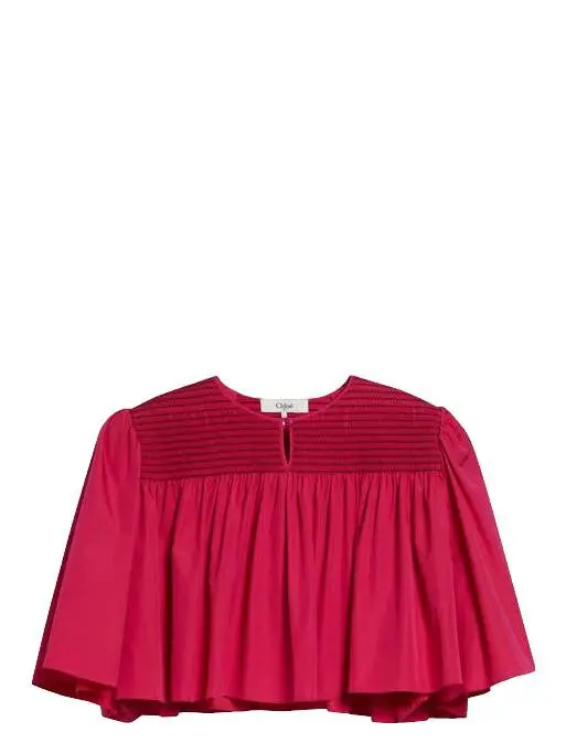 Chloé Cropped Smocked Yoke Cotton Poplin Top With Puff Shoulders - Garnet Pink