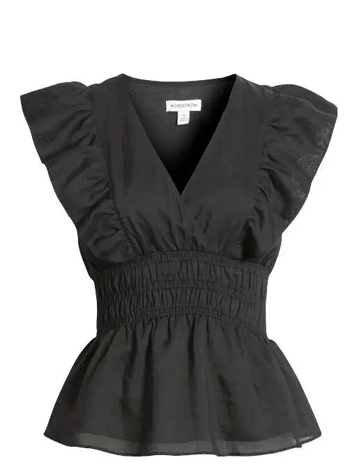 Nordstrom Smocked Waist Flutter Sleeve Peplum Top - Black