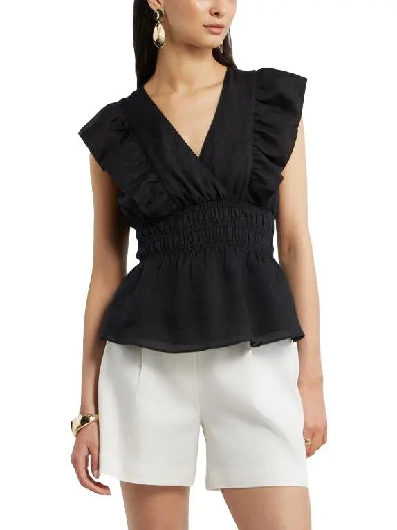Nordstrom Smocked Waist Flutter Sleeve Peplum Top - Black