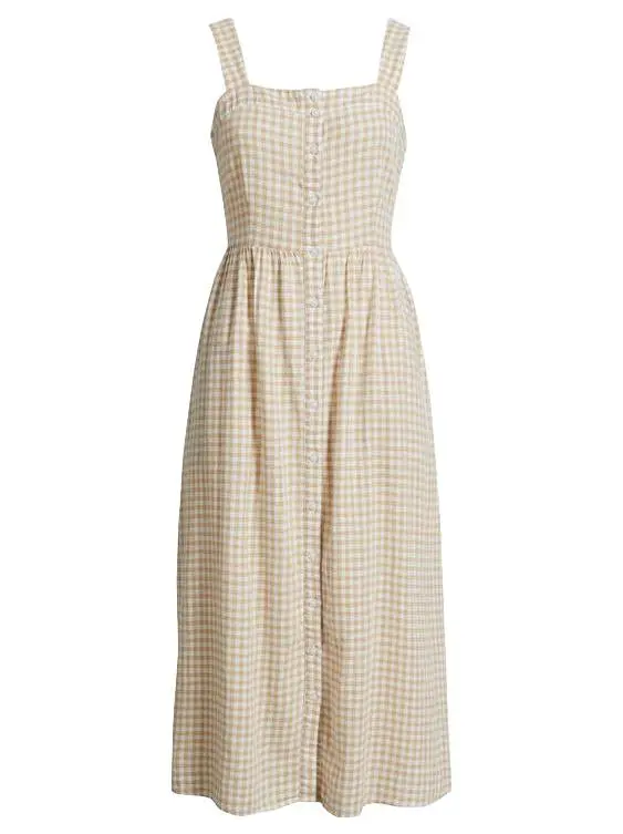 Caslon Gingham Checks Button Front Midi Dress - Tan Shore- White Gingham