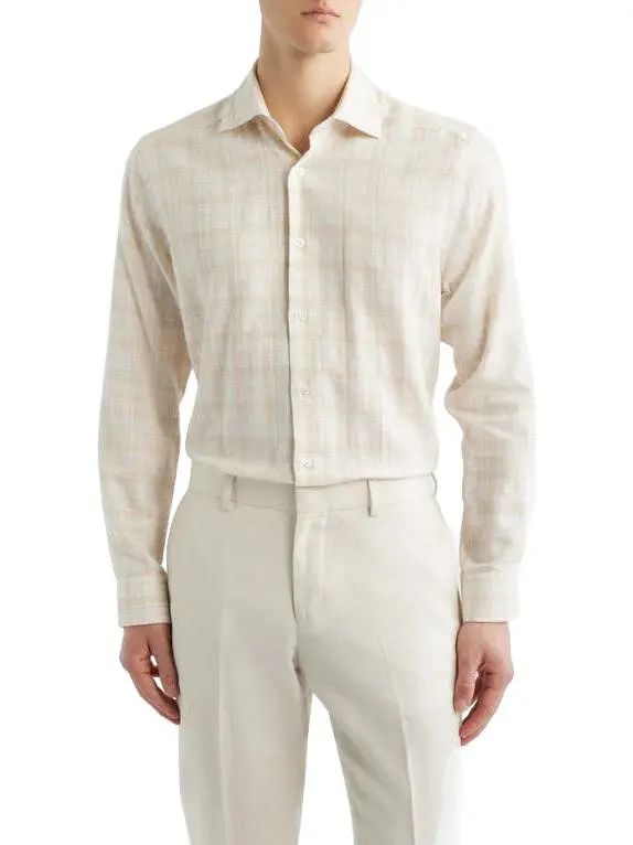 JACK VICTOR Edgemont Plaid Cotton & Linen Button-up Shirt - Tan