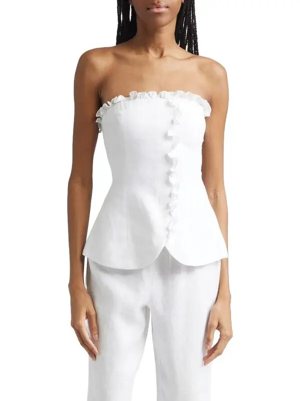Posse Florence Strapless Linen Peplum Top With Ruffle Trim - Ivory