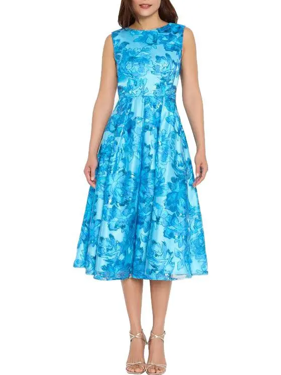 TAHARI ASL Sleeveless Embroidered Fit & Flare Midi Dress - Blue Jewel