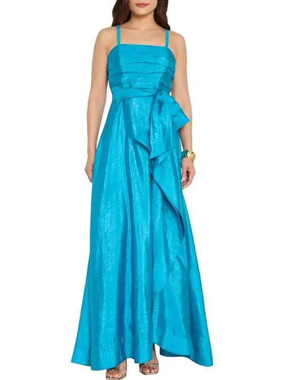 TAHARI ASL Ruched Metallic Sleeveless Gown - Blue Jewel