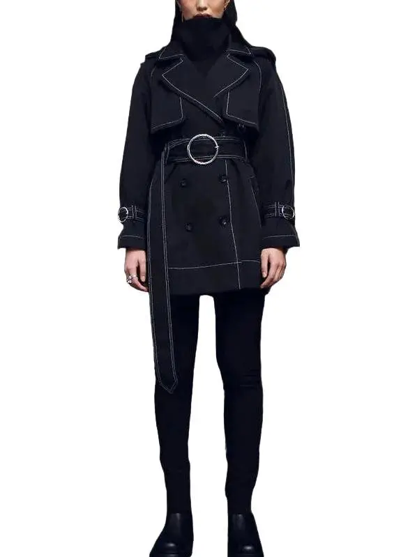 Caalo Short Water-resistant Trench Coat - Black/off-white