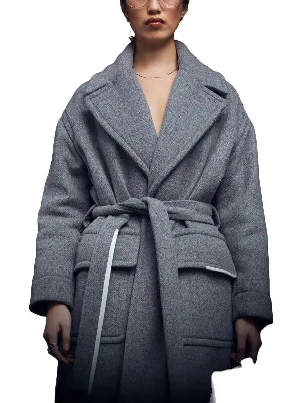 Caalo Sustainable Wool Down Coat With Belted Waist And Built-in Scarf - Gray