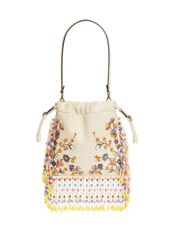 Etro Kalispera Embroidered Leather Shoulder Bag With Beaded Fringe - W4567 Print On White Base