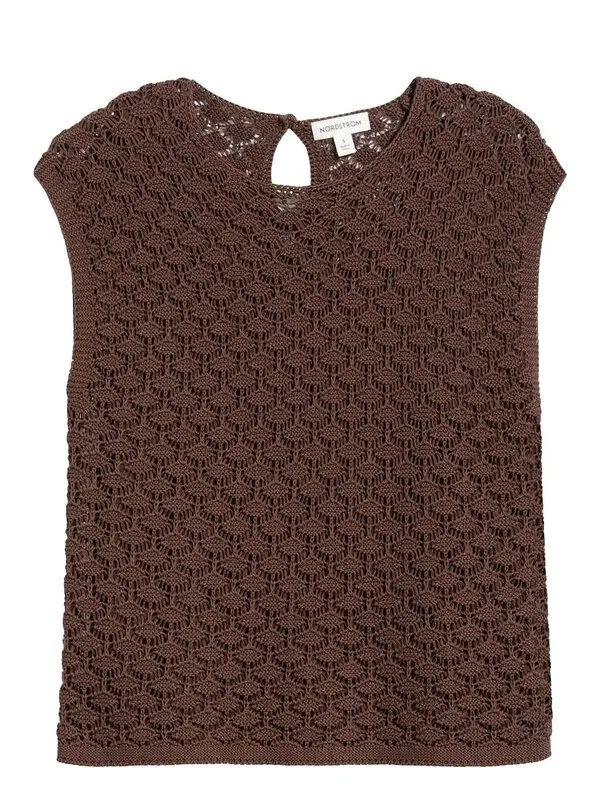 Nordstrom Cotton Crochet Cap-sleeve Sweater With Keyhole Back - Brown Roast