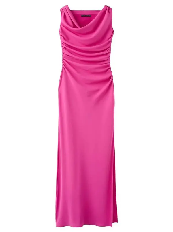 Mango One-shoulder Ruched Maxi Dress With Side Slit - Fuchsia