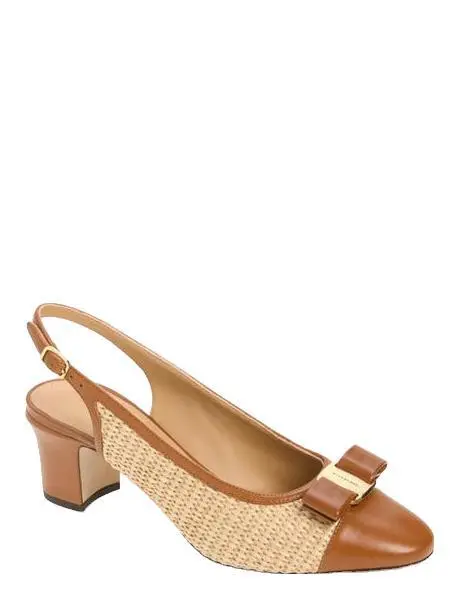 FERRAGAMO Vetty Bow Raffia Slingback Pumps - Naturale Biscotto