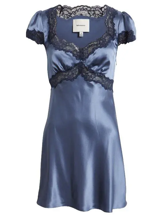 REFORMATION Romi Lace Detail Silk Mini Dress - Cornflower