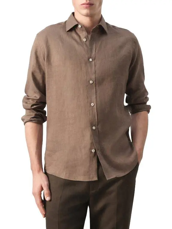 Mango X Casper Ruud Regular Fit Linen Button-up Shirt - Chocolate