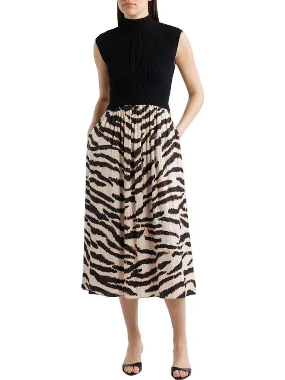 Vince Camuto Mock Neck Zebra Print Midi Dress - Black Multi