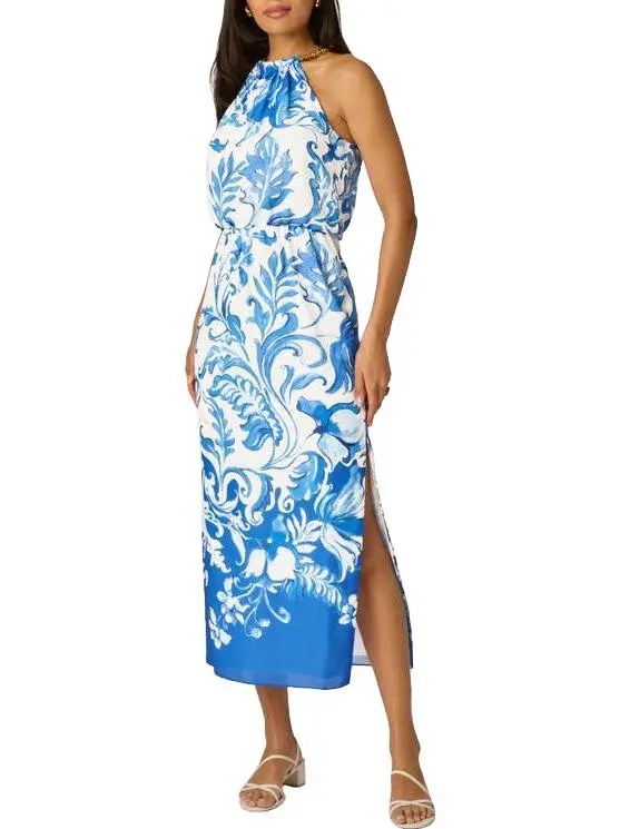 Adrianna Papell Sleeveless Halter Neck Maxi Dress With Blouson Bodice - Ivory/blue
