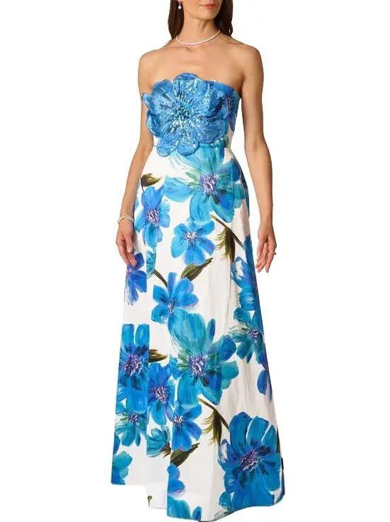 Adrianna Papell Strapless Floral Gown With 3d Blooms - Ivory/blue Multi