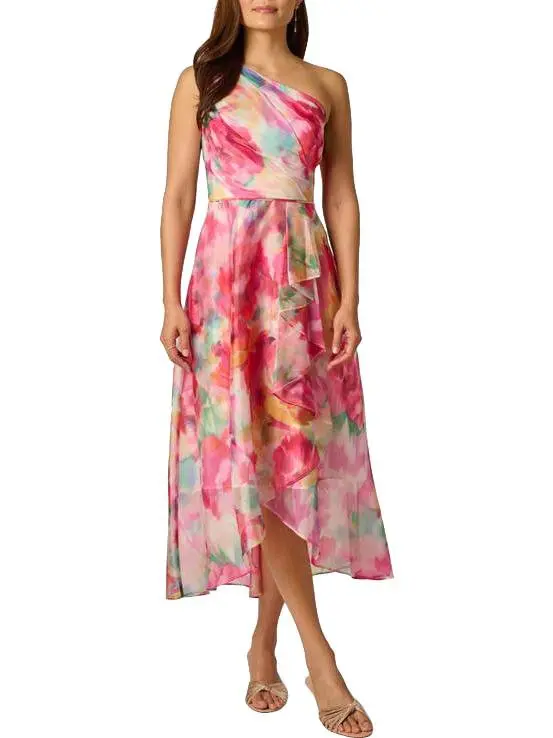 Adrianna Papell One-shoulder Floral Print High/low Cocktail Dress - Ivory Multi