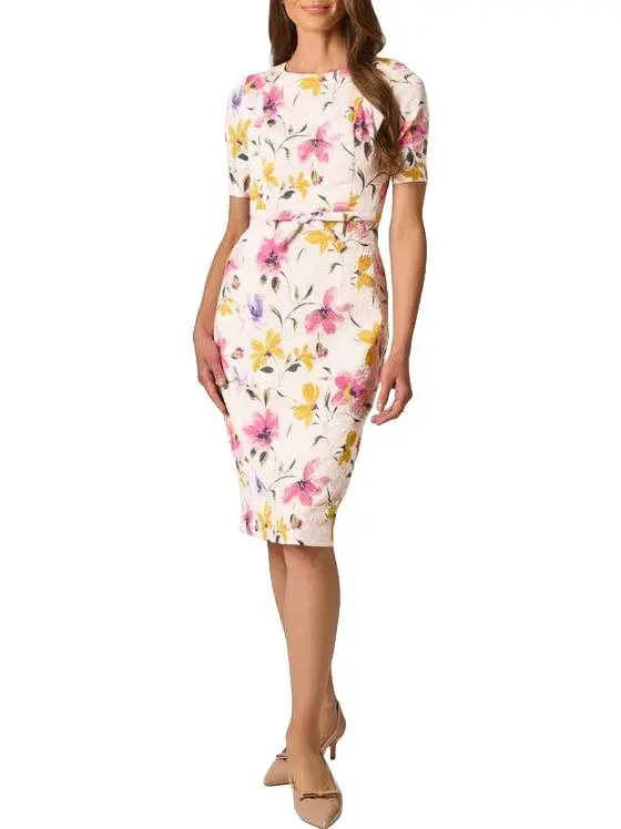 Adrianna Papell Floral Jacquard Sheath Dress With Bow Detail - Blush Multi