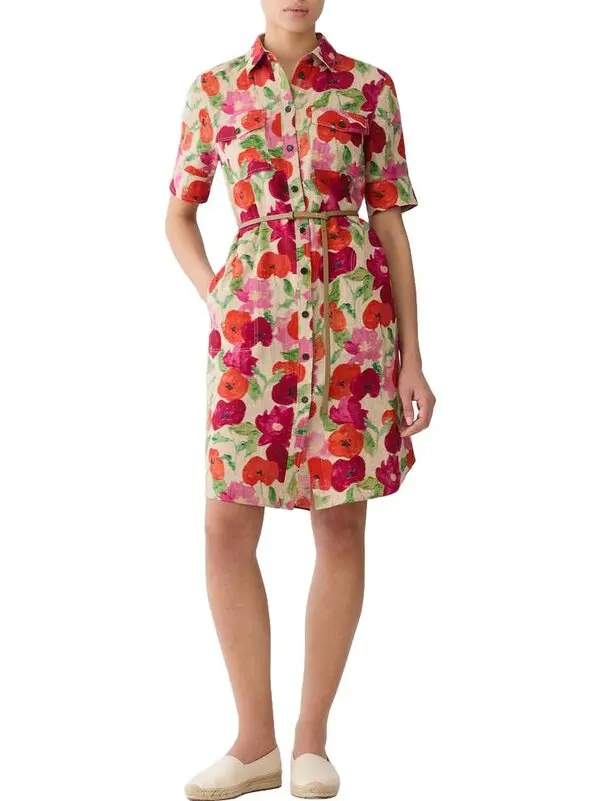 Lafayette 148 New York Blossom Print Belted Organic Linen Shirtdress - Cadet Khaki Multi