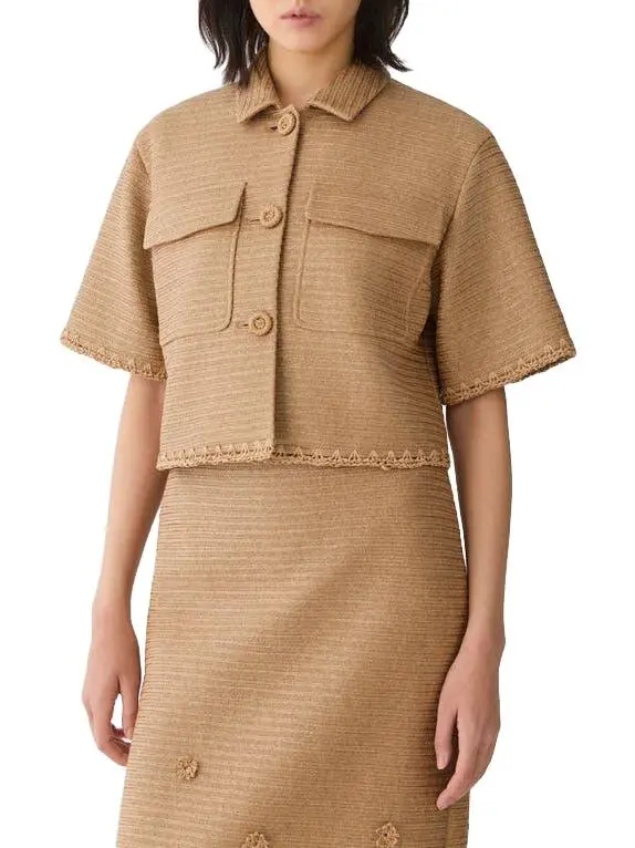 Lafayette 148 New York Raffia-effect Crop Shirt Jacket - Teak