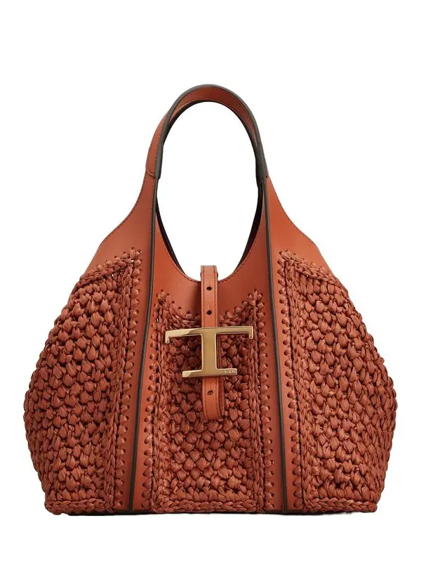 TOD'S Mini T Timeless Tote In Crochet Raffia And Leather - Mattone/terracotta