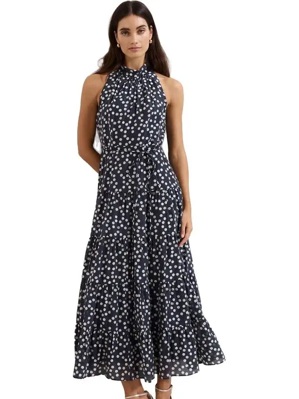 PHASE EIGHT Nita Spot Tiered Halterneck Maxi Dress - Navy