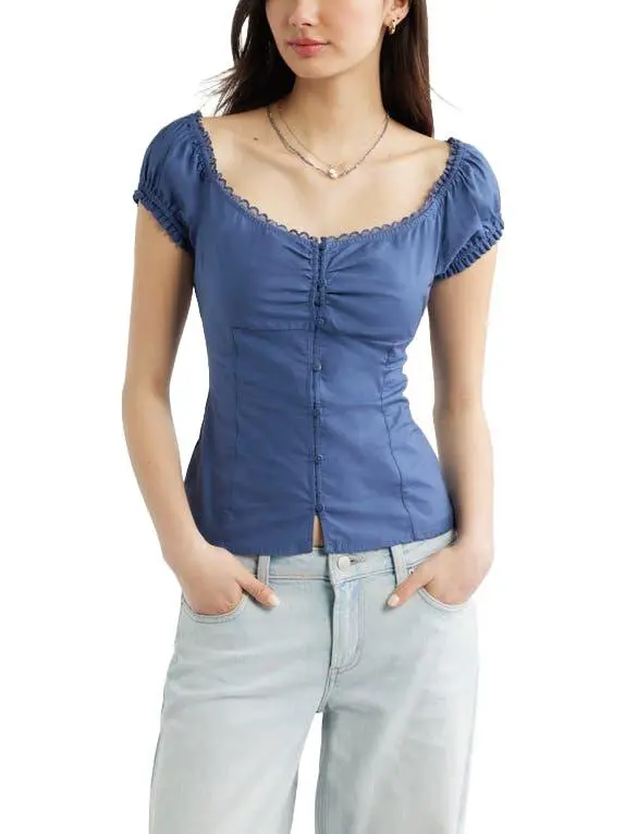 Bp. Stretch Cotton Button-up Top With Lace Trim - Blue Indigo