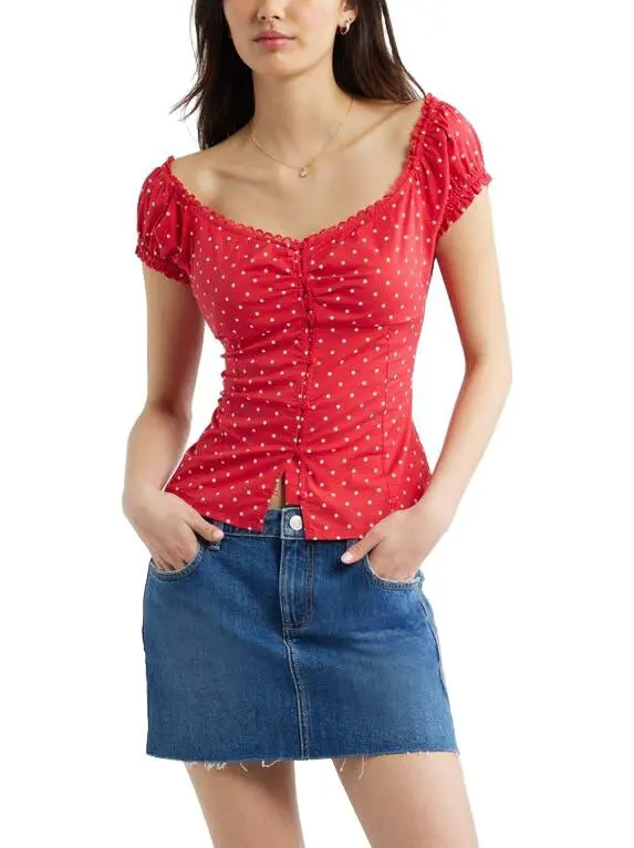 Bp. Stretch Cotton Button-up Top With Lace Trim - Red S- White Dove Dot
