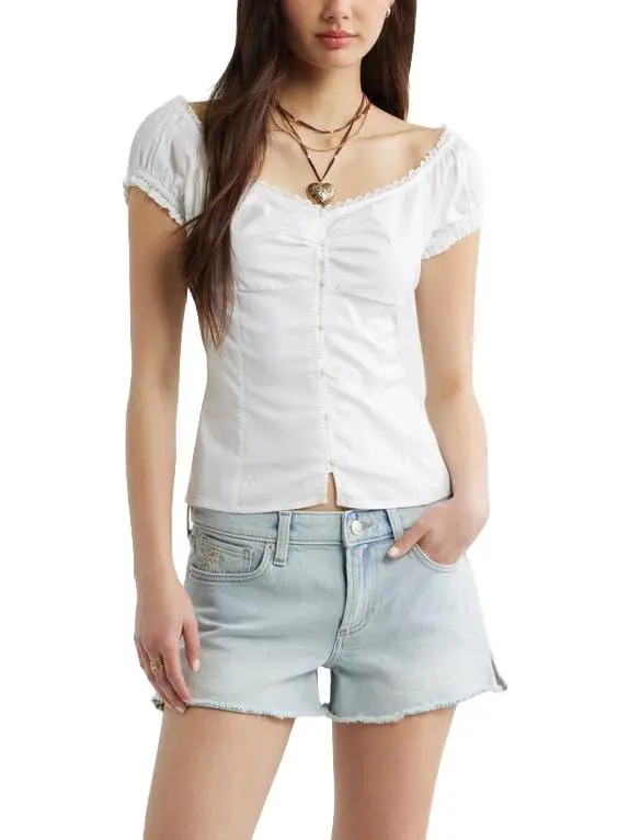 Bp. Stretch Cotton Button-up Top With Lace Trim - White