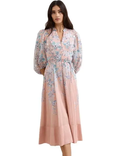 PHASE EIGHT Alison Floral Midi Dress With Billowed Sleeves And Tie Waist - Pale Pink