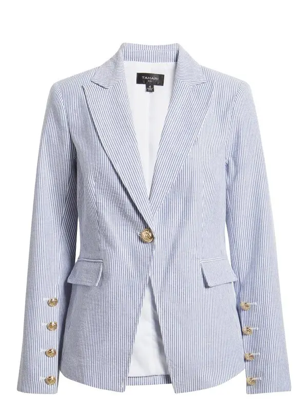 TAHARI ASL Seersucker Blazer With Golden Embossed Buttons - Navy Ivory