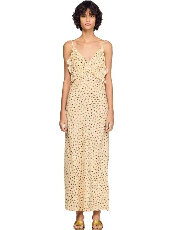 Sandro Floral Print Ruffled Maxi Dress - Butter/pink