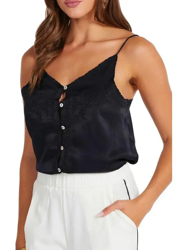 BISHOP + YOUNG Anya Button Front Embroidered Cami - Black